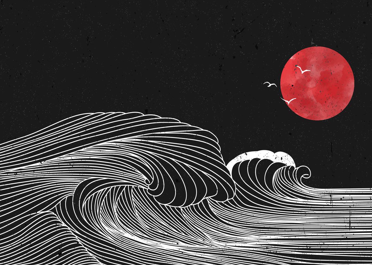 'ocean wave with line art' Poster, picture, metal print, paint by budi ...