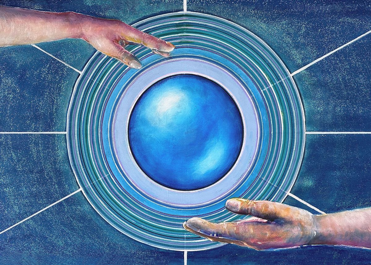 'Hands holding blue Sphere' Poster, picture, metal print, paint by ...