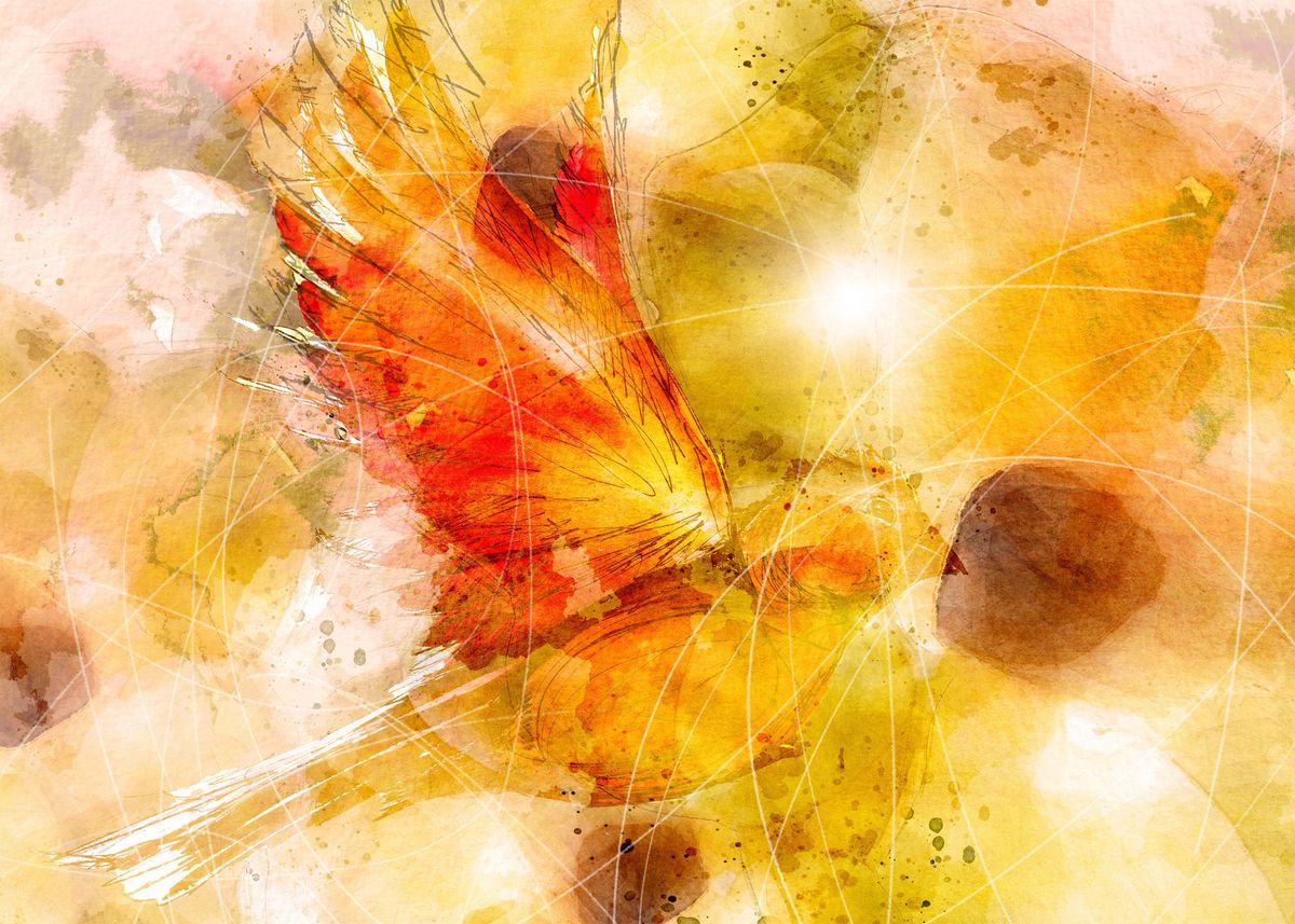 'Red bird on abstract ' Poster, picture, metal print, paint by Fátima ...