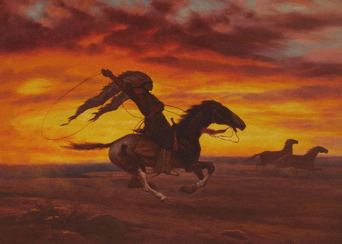 'Indian Chasing Wild Horses' Poster, picture, metal print, paint by ...