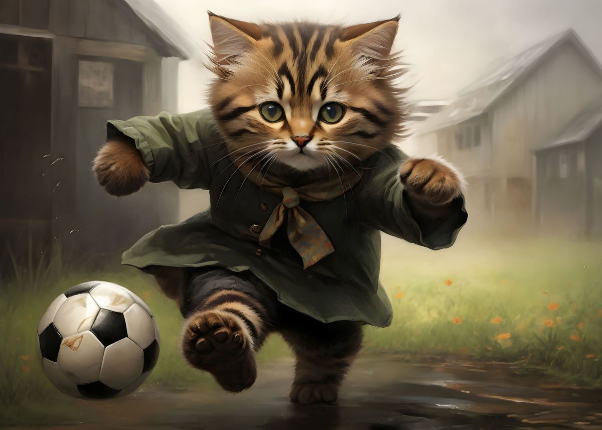 'Cute Cat Playing Football' Poster, picture, metal print, paint by ...