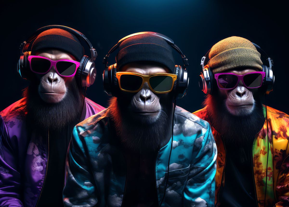 'Three Cool Monkeys' Poster, picture, metal print, paint by Zenzdesign | Displate