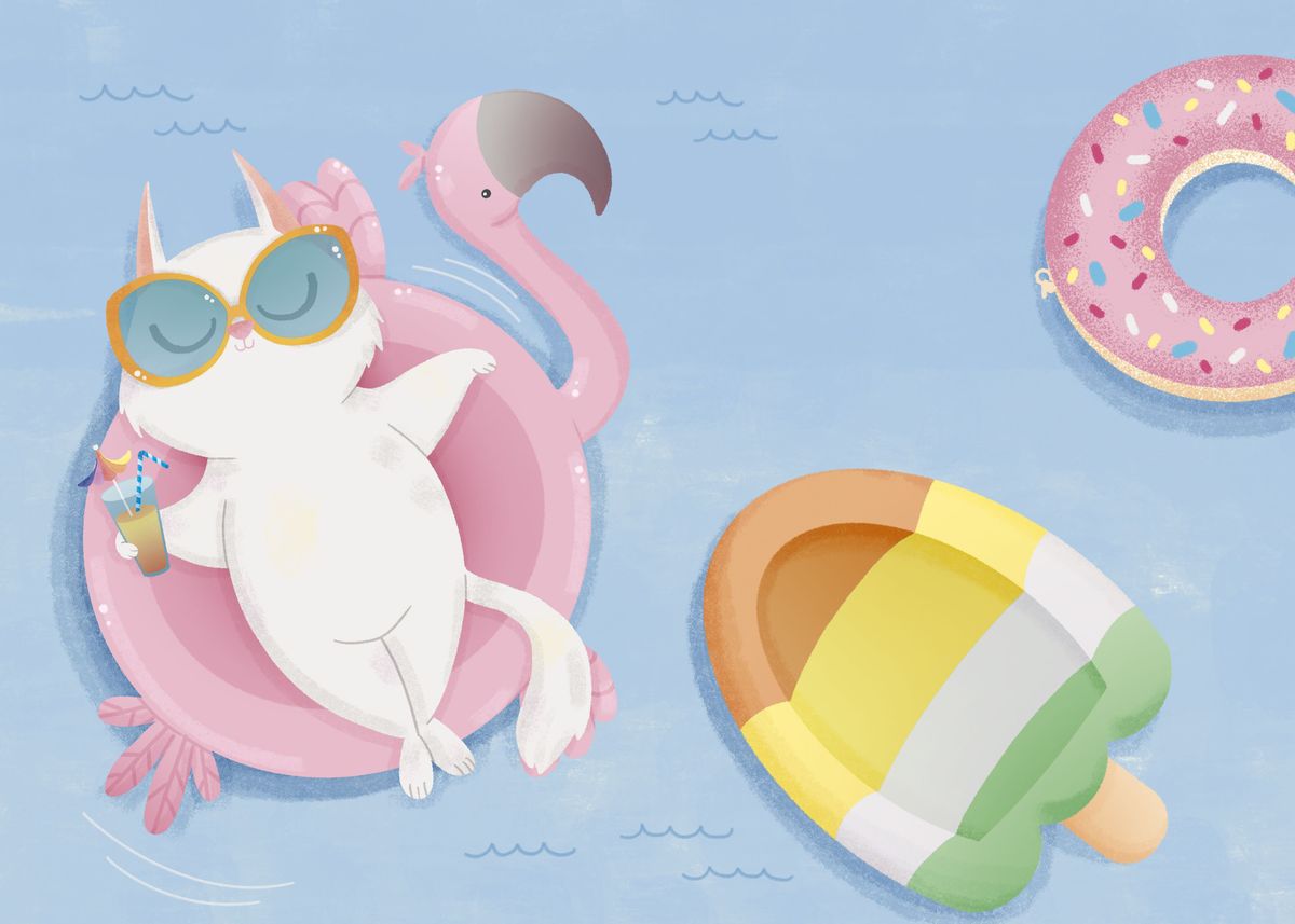 'pool party cat' Poster, picture, metal print, paint by Angela ...