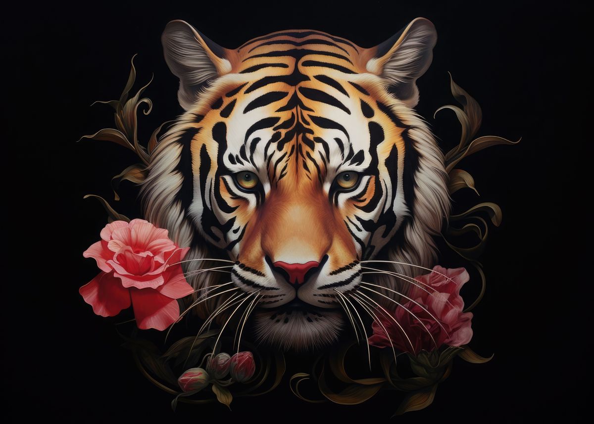 'Tiger and roses' Poster, picture, metal print, paint by Guru ...