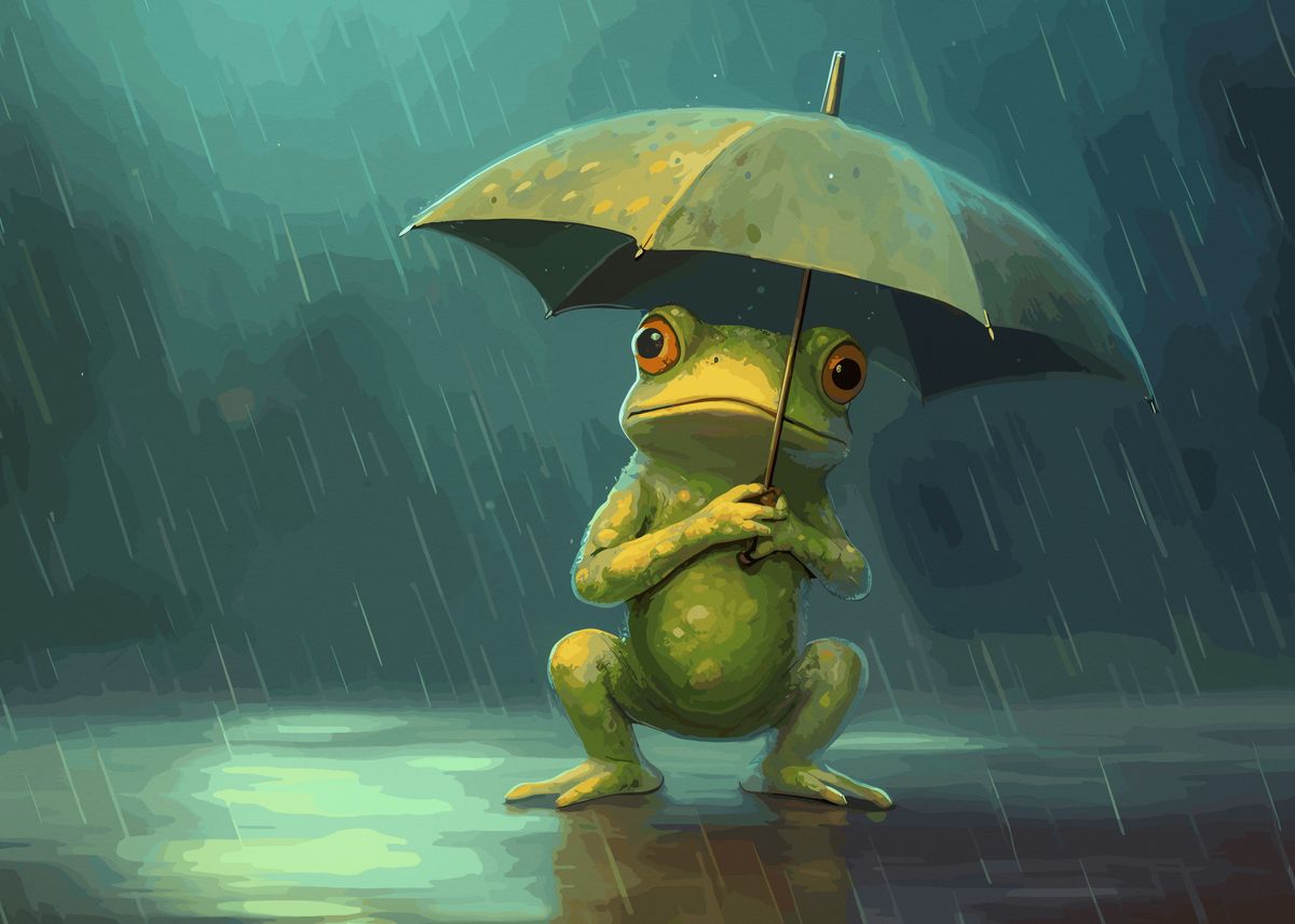 'Happy Frog Rain Cute' Poster, picture, metal print, paint by Nellie ...