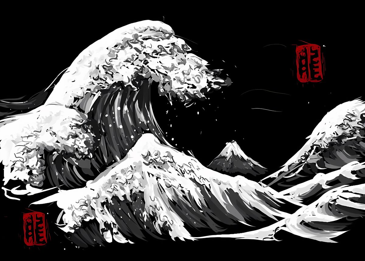 'The Great Wave black white' Poster, picture, metal print, paint by ...