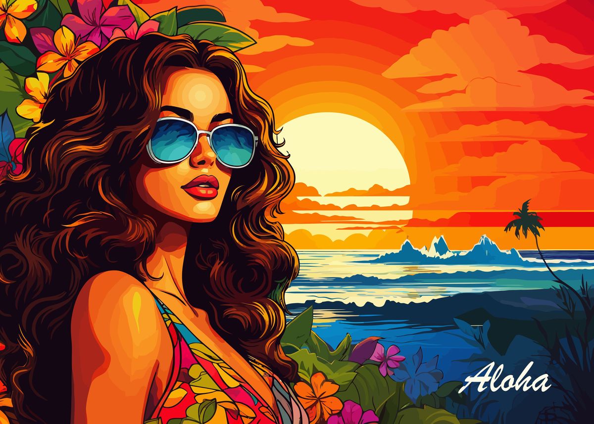 'Aloha Hawaiian Girl Beach' Poster, picture, metal print, paint by ...
