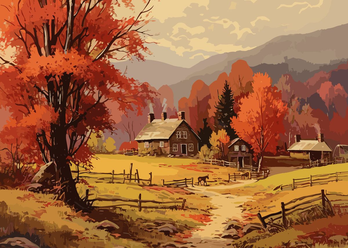 'Vintage Fall Landscape' Poster by Nobita | Displate