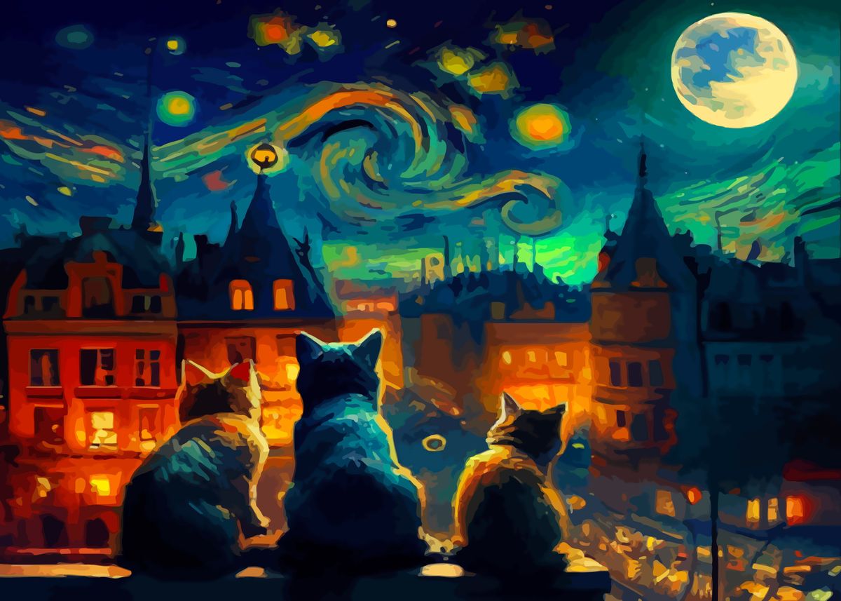 'Starry Night Cat ' Poster, picture, metal print, paint by Space Nature ...