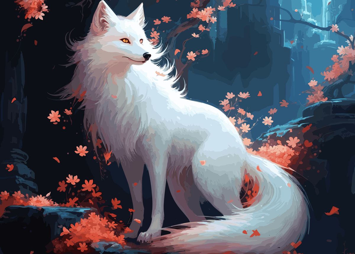 'White Fox Sakura' Poster, picture, metal print, paint by Darien Conley | Displate