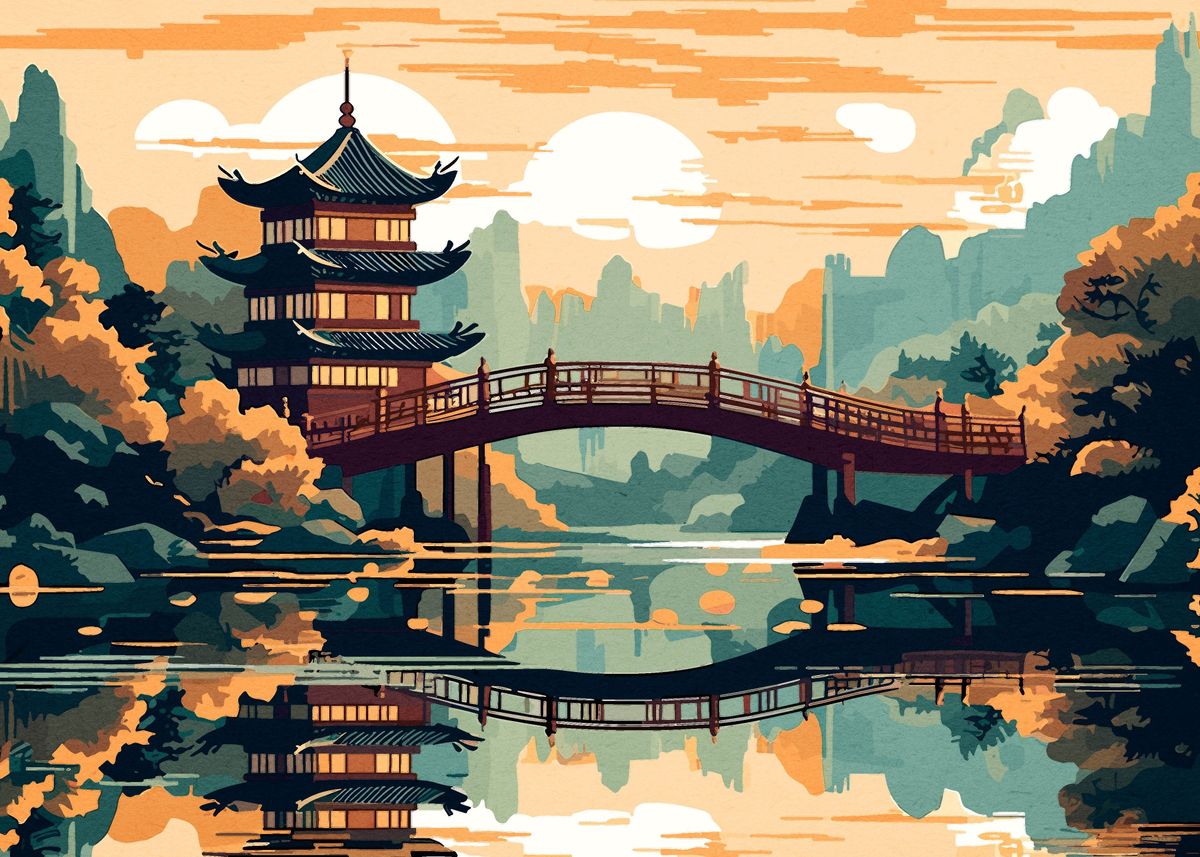 'japanese landscape' Poster, picture, metal print, paint by ZDai | Displate