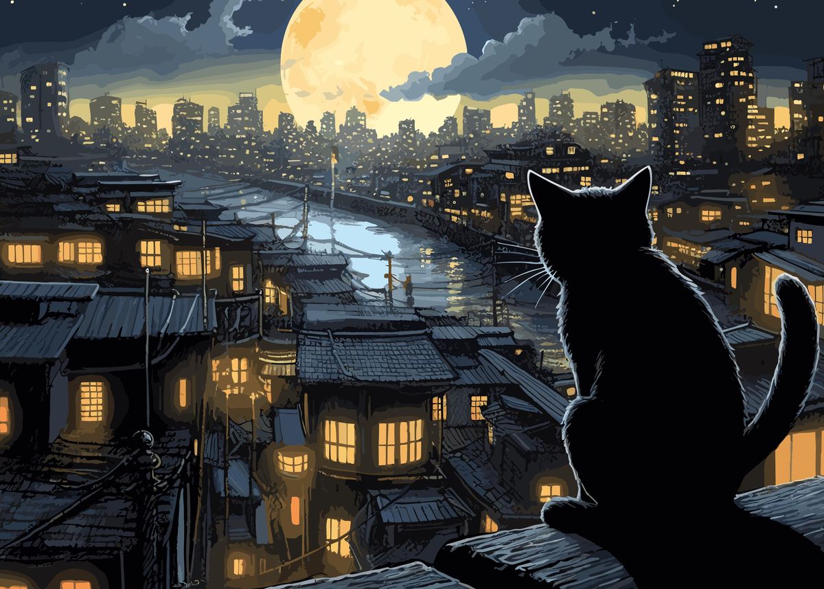 'The Moon Night Cat Japan' Poster, picture, metal print, paint by Isis ...
