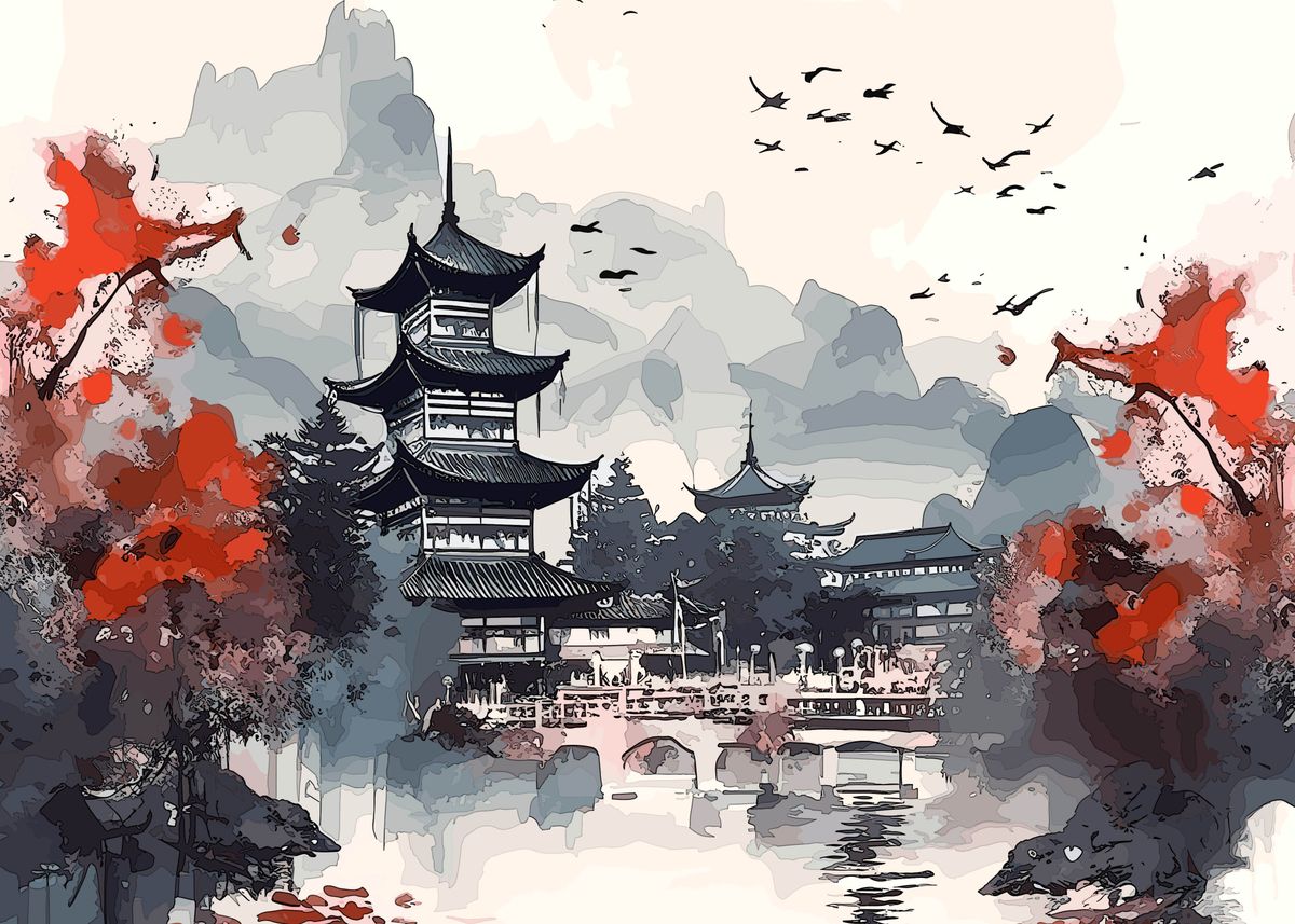 'japanese landscape' Poster, picture, metal print, paint by ZDai | Displate