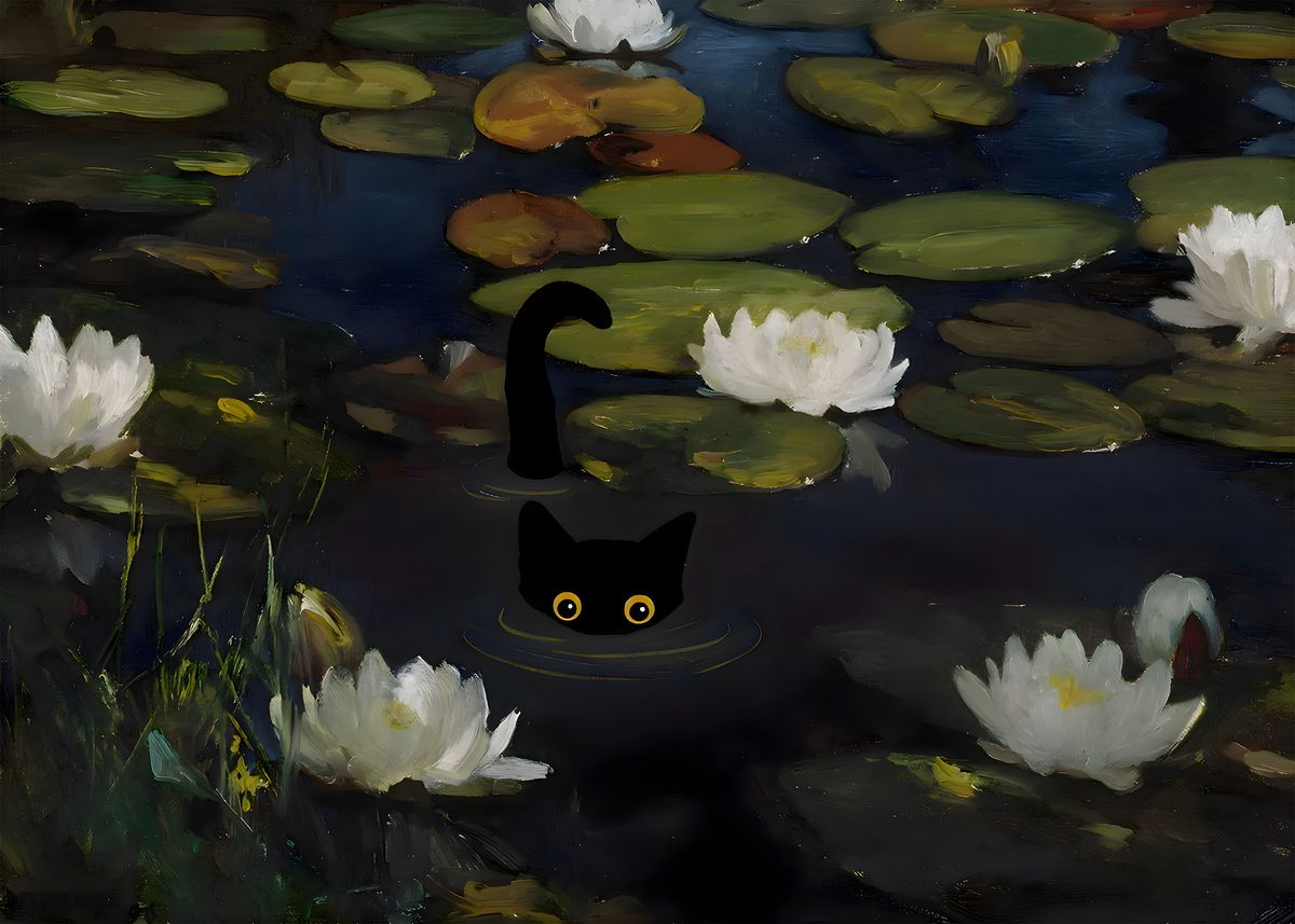 'Cat Monet Water Lilies' Poster, picture, metal print, paint by Jaime ...