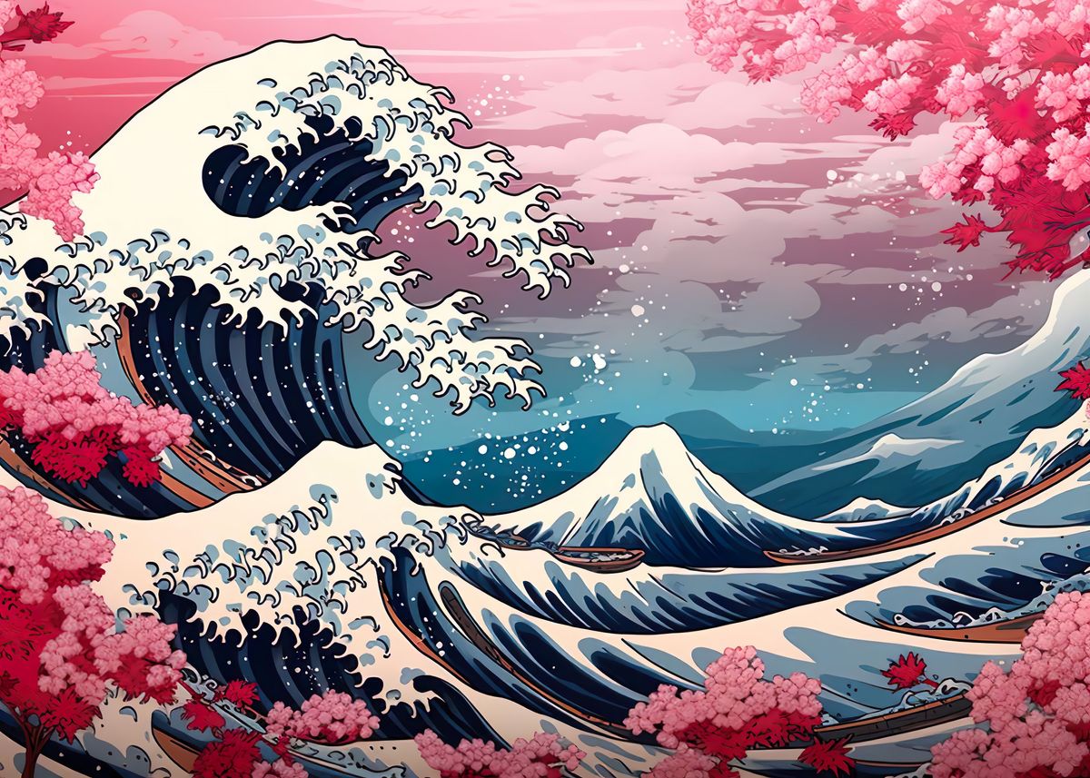 'Japanese Great Wave Sakura' Poster, picture, metal print, paint by ...