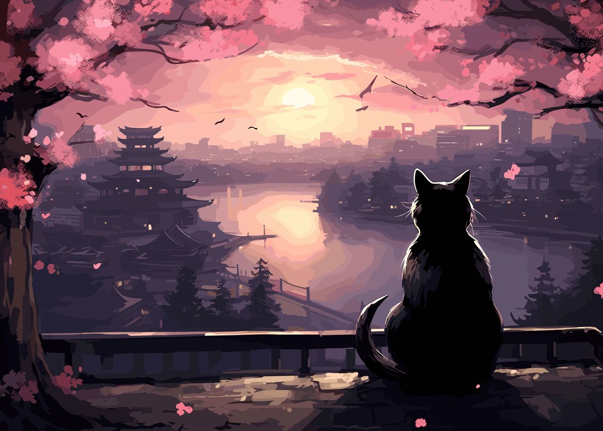 'The Moon Night Cat Japan' Poster, picture, metal print, paint by Ali Jane | Displate