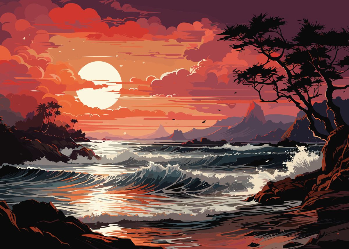 'Sunset beach' Poster, picture, metal print, paint by Mounier Wanjak ...