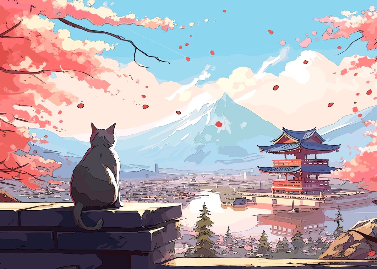 'cat japanese landscape' Poster, picture, metal print, paint by ...