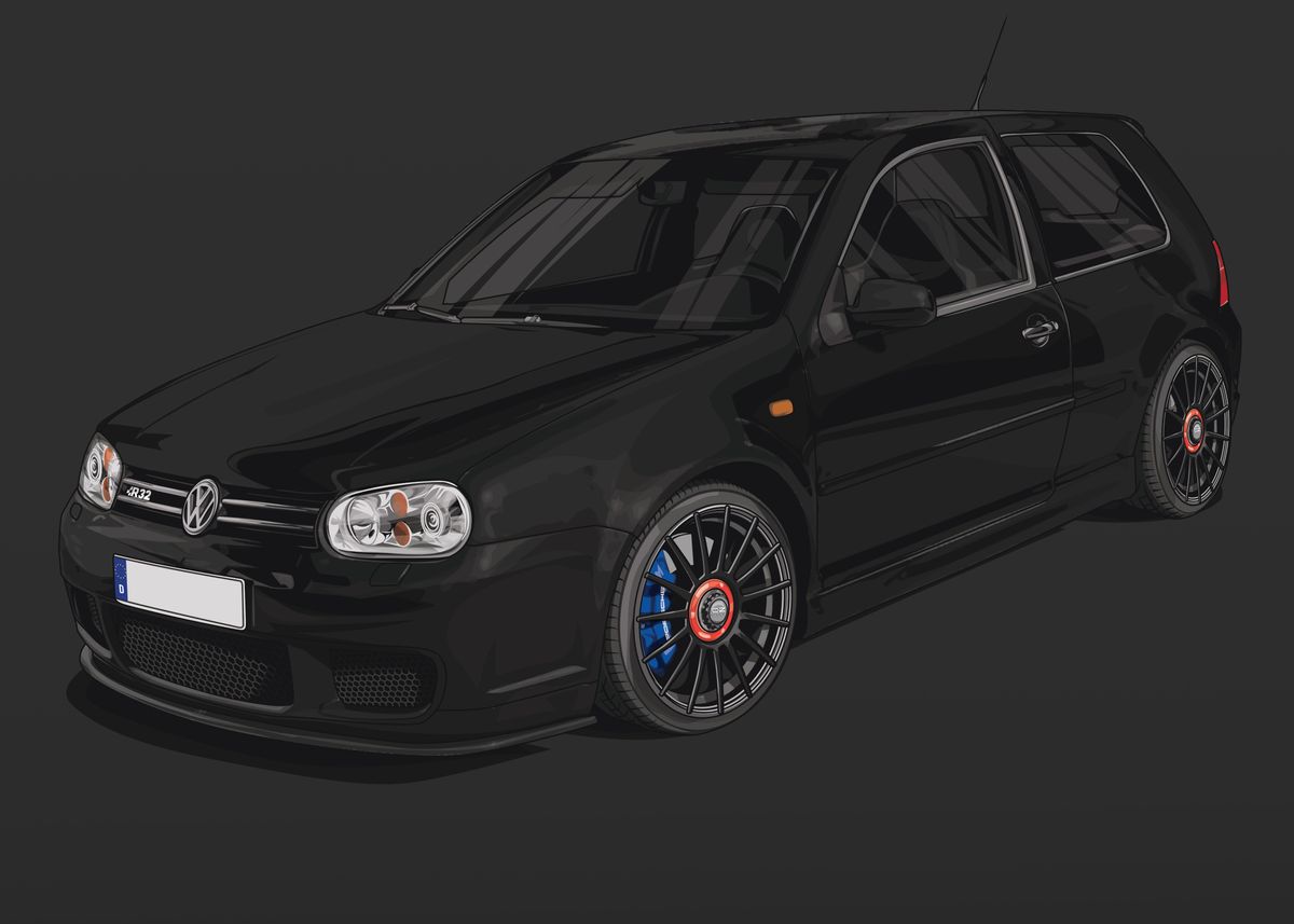 'VW Golf MK4 R32 Black' Poster, picture, metal print, paint by POWERDRAWINGS | Displate