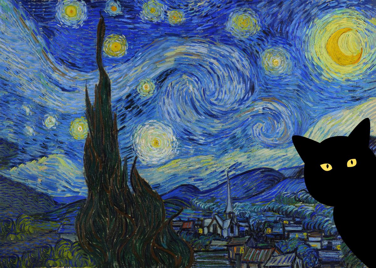 'Starry night Black Cat Art' Poster, picture, metal print, paint by ...
