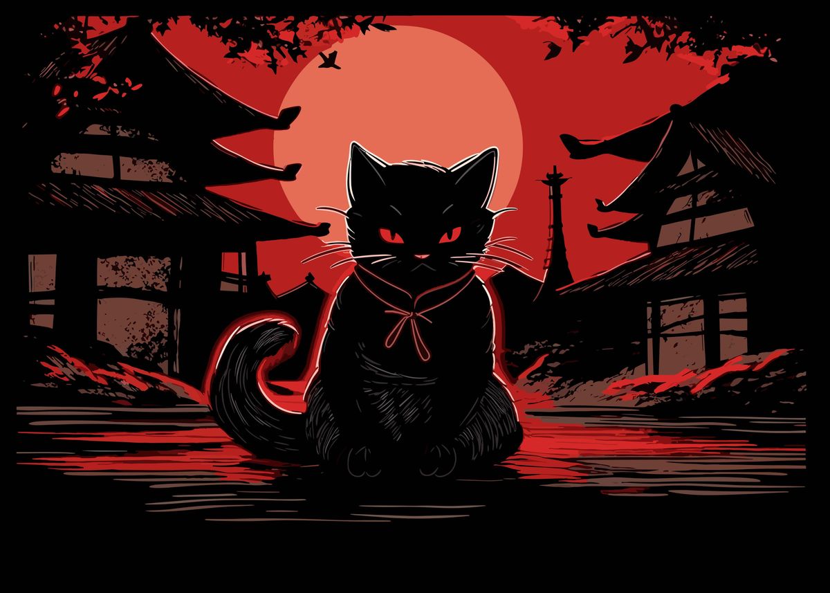 'The Moon Night Cat Japan' Poster, picture, metal print, paint by Ali ...