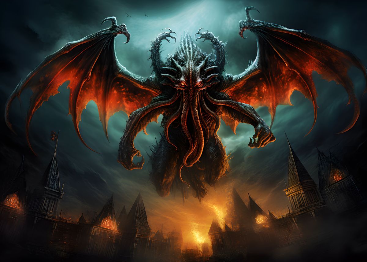 'Cthulhu Flying Over City' Poster, picture, metal print, paint by ...