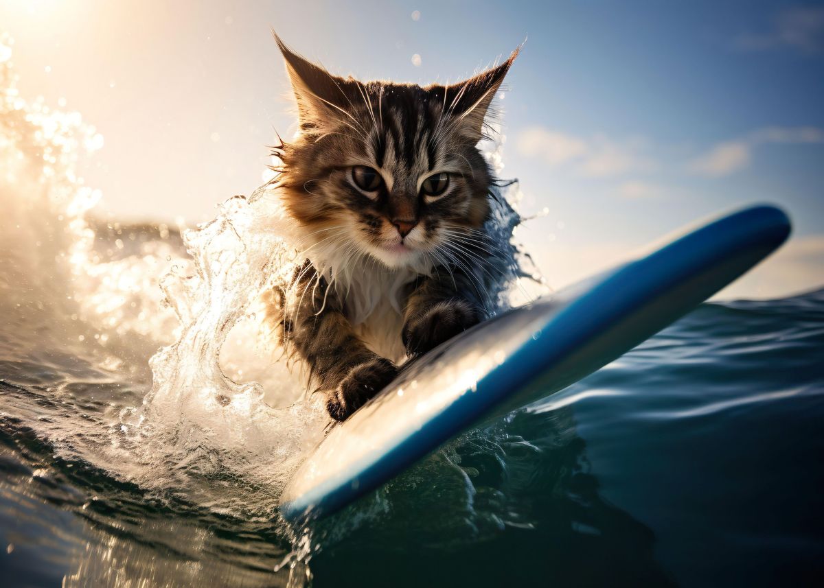 'Cat surfing the ocean' Poster, picture, metal print, paint by Floty ...