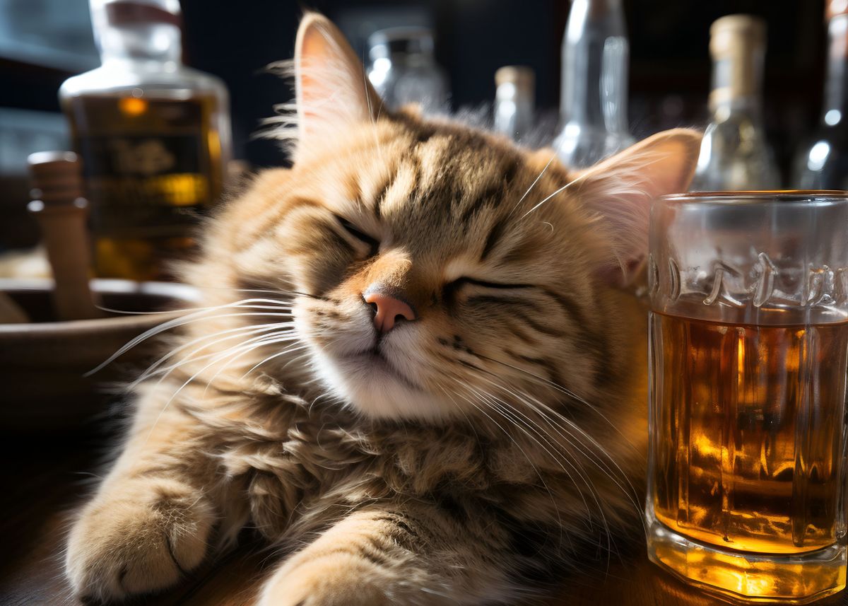 'Cat Drinking Alcohol' Poster, picture, metal print, paint by Tom Cage ...