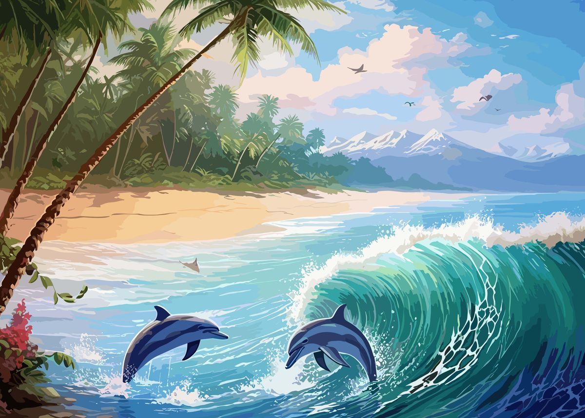 'Dolphins Sunset' Poster, picture, metal print, paint by MICHELLE ...