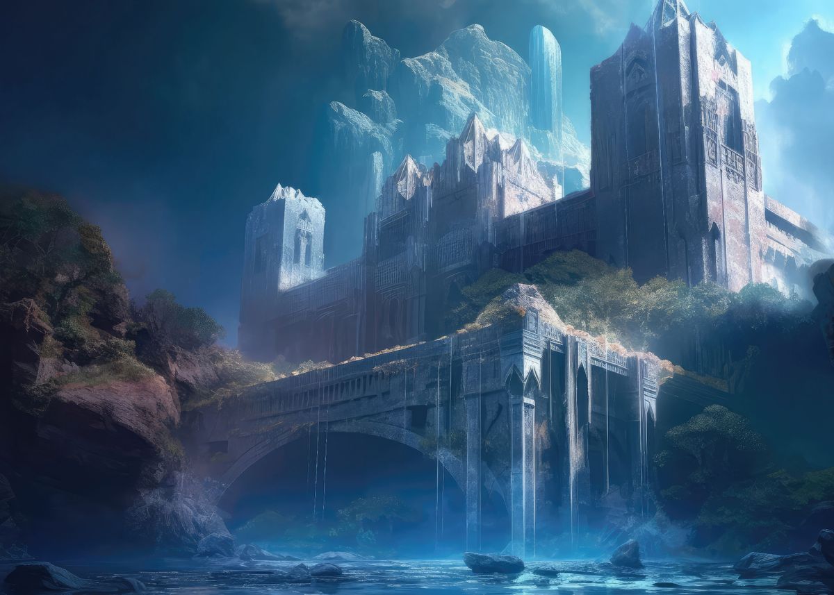 'Castle Mythology Waterfall' Poster, picture, metal print, paint by ...
