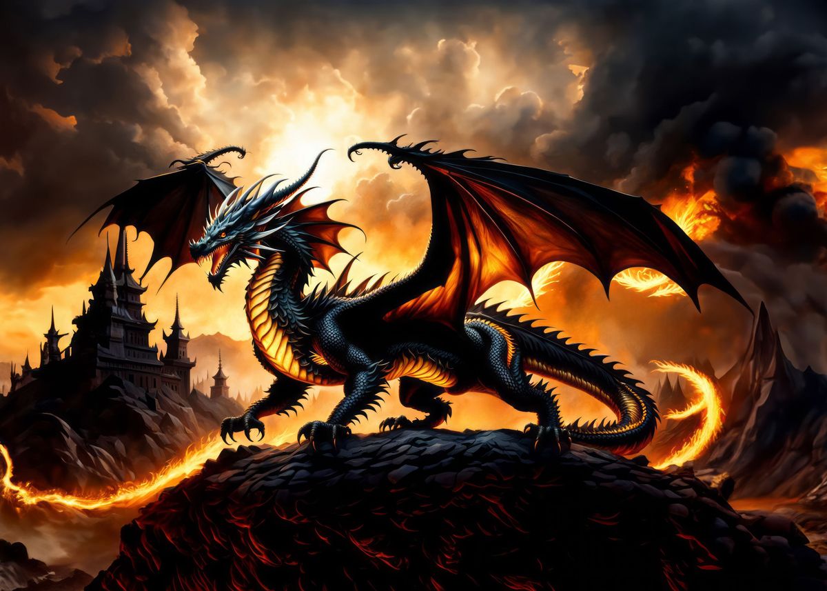 'Black Dragon in Fire' Poster, picture, metal print, paint by Anton Eine | Displate