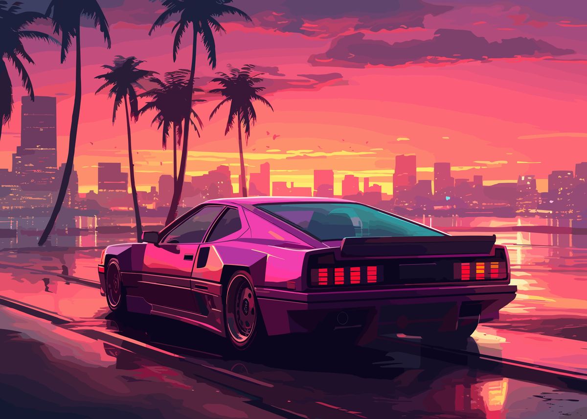 'Synthwave Retro Car Sunset' Poster, picture, metal print, paint by ...