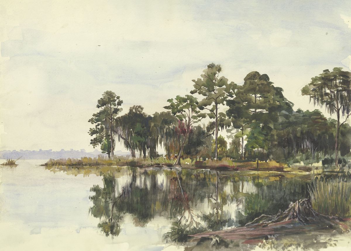 'Tree felling by the water' Poster, picture, metal print, paint by ...