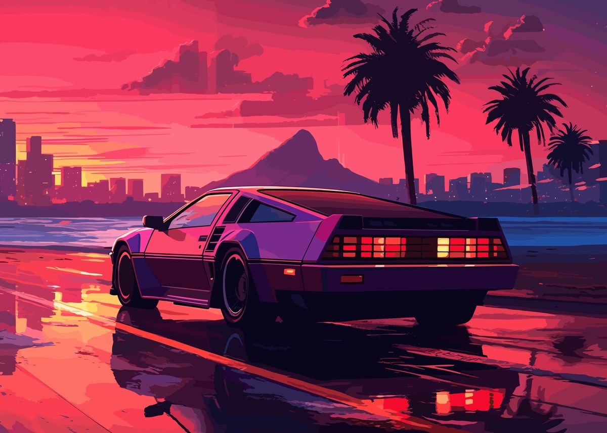 'Synthwave Retro Car Sunset' Poster, picture, metal print, paint by ...
