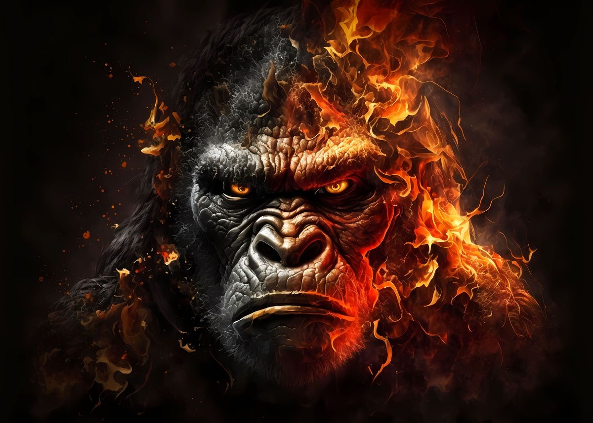 'Chimpanzee made of fire' Poster, picture, metal print, paint by Jiri ...