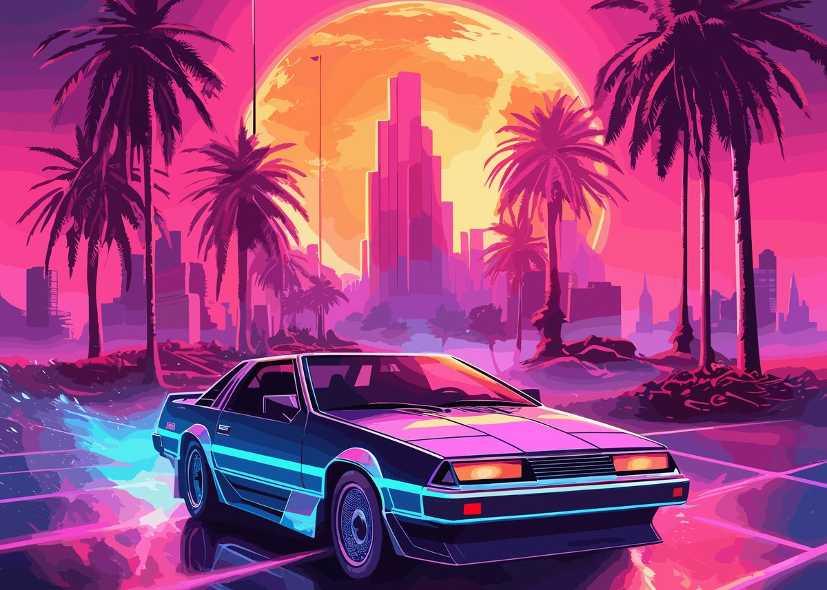 'Synthwave Retro Car Sunset' Poster, picture, metal print, paint by ...