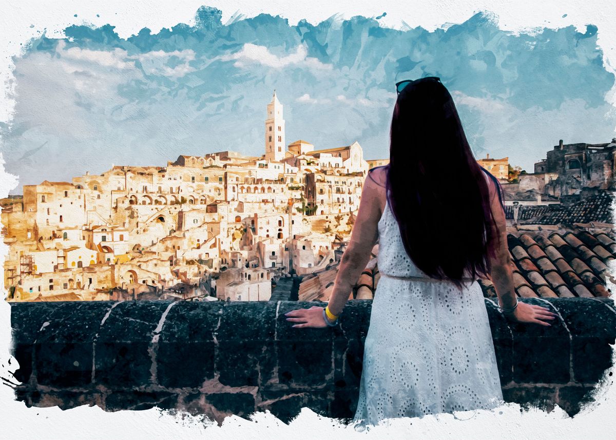 'Girl with a view of Matera' Poster, picture, metal print, paint by ...