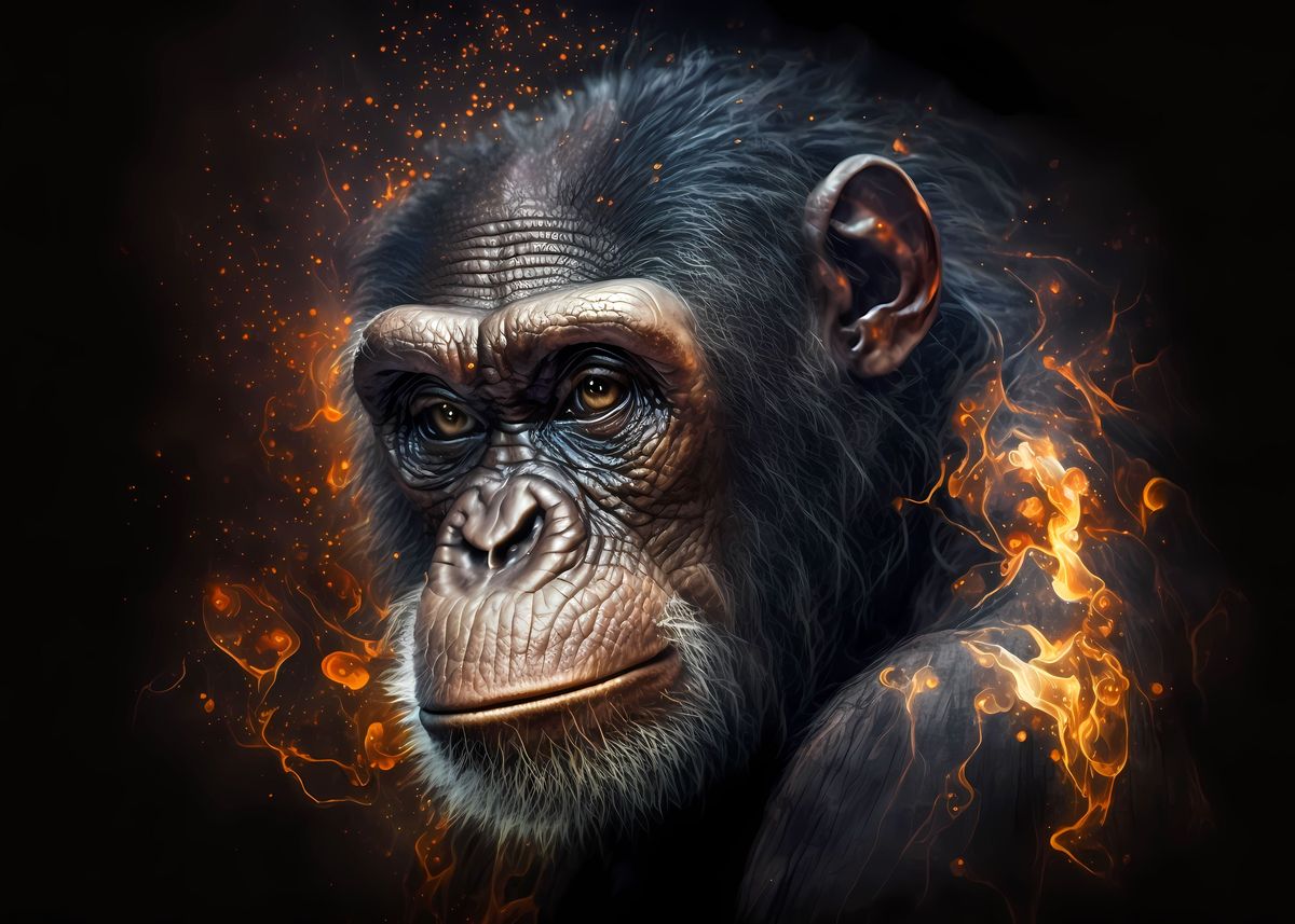 'Chimpanzee made by fire' Poster, picture, metal print, paint by Jiri ...