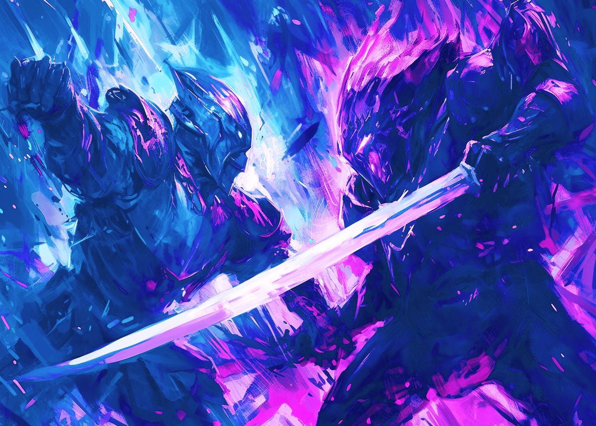 'Knight Fighting Cyborg' Poster, picture, metal print, paint by Jihana Mariam | Displate