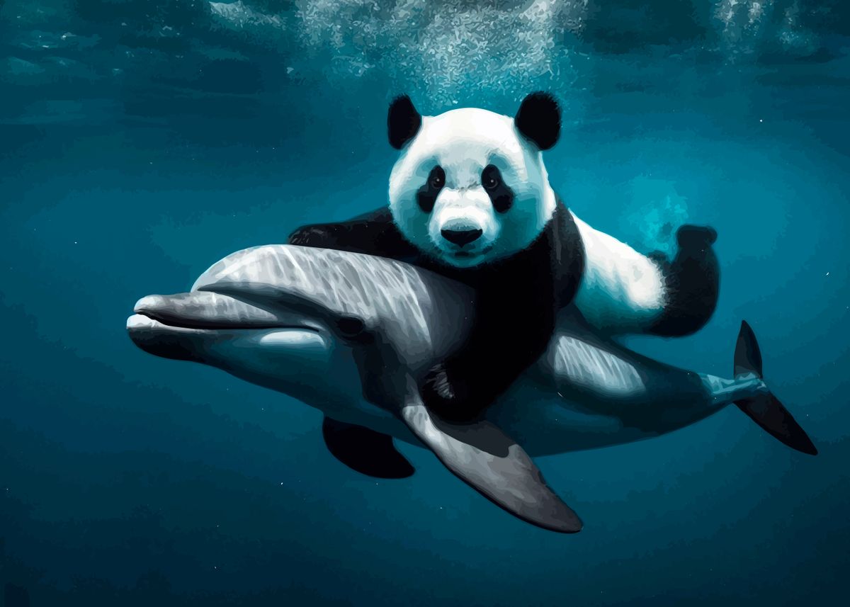 'PANDA AND DOLPHIN SWIMMING' Poster, picture, metal print, paint by ...