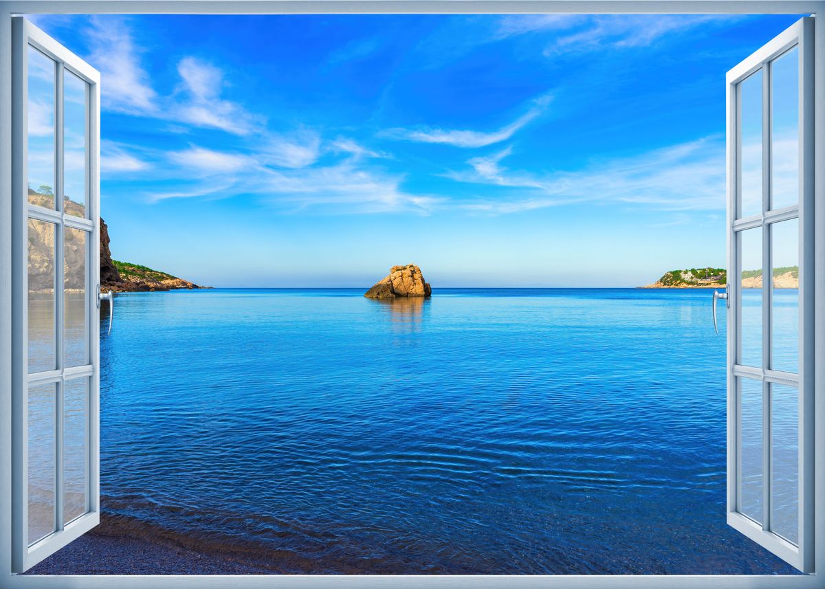 'Open window view sea beach' Poster, picture, metal print, paint by ...