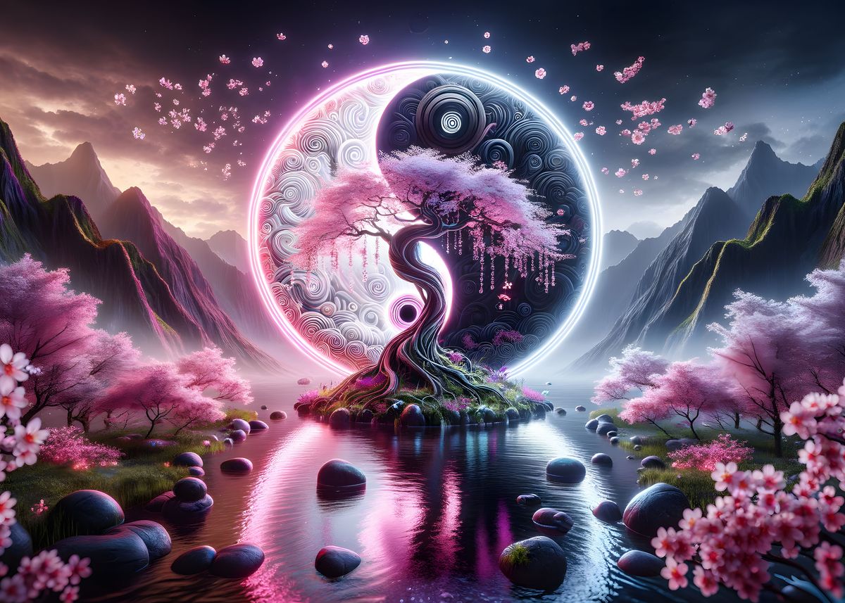 ' Sakura Tree Yin and Yang ' Poster, picture, metal print, paint by ...
