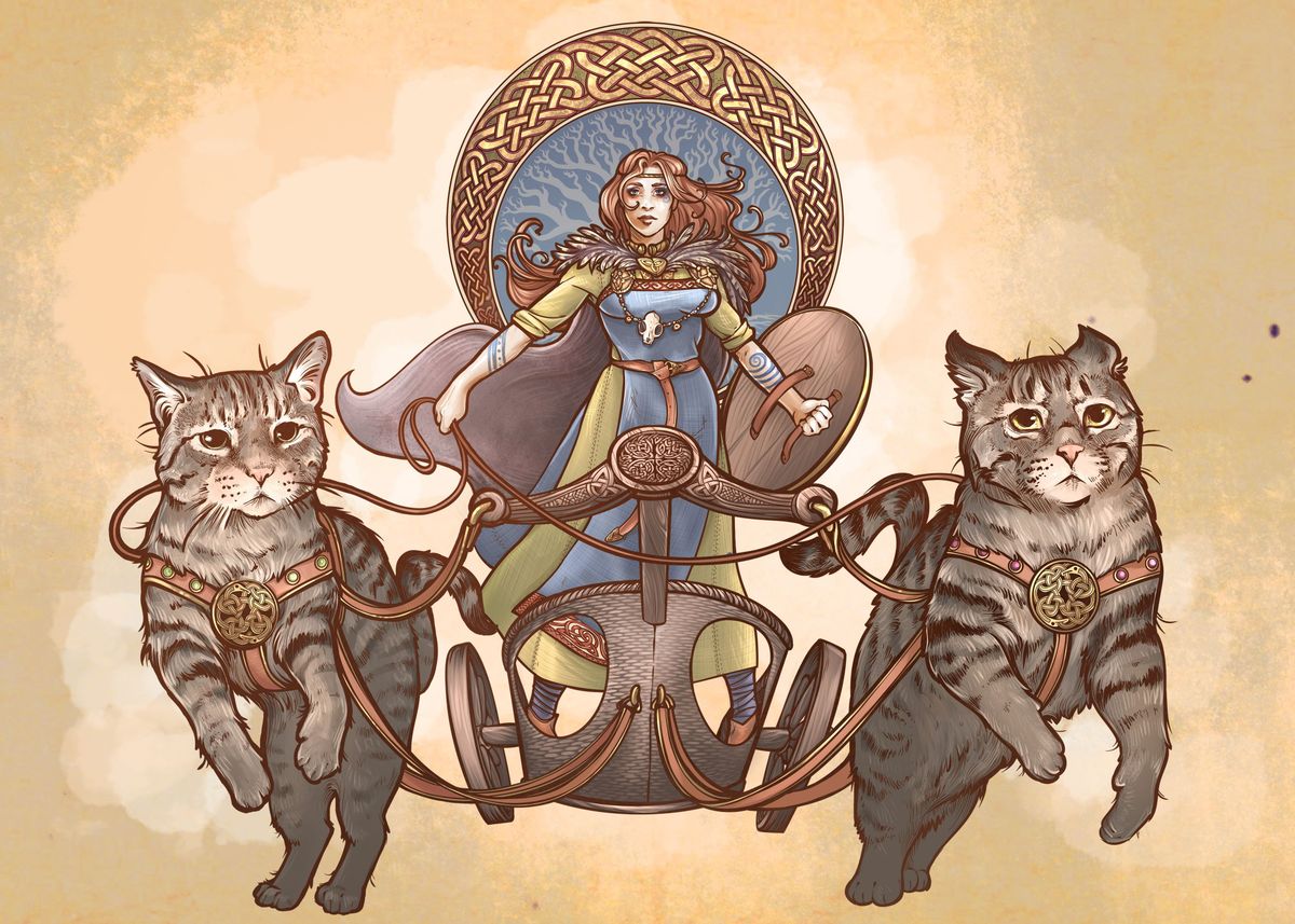 'Freya on her Cat Chariot' Poster, picture, metal print, paint by ...