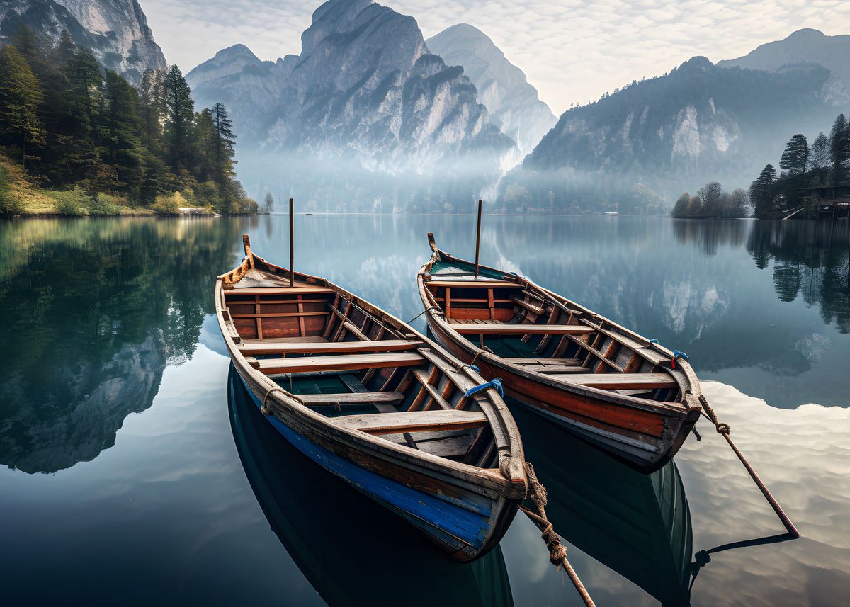 'Mountains at Lake Boats' Poster, picture, metal print, paint by Emma ...