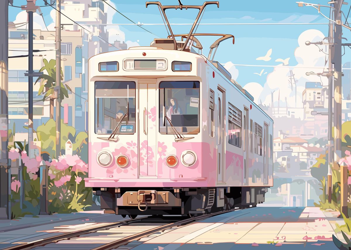 'Anime City Sakura Tram' Poster, picture, metal print, paint by ...