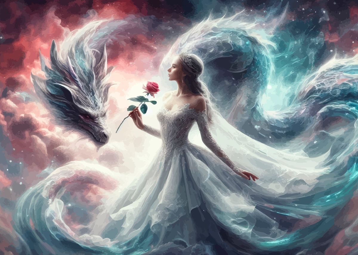 'PRINCESS AND EPIC DRAGON' Poster, picture, metal print, paint by ...