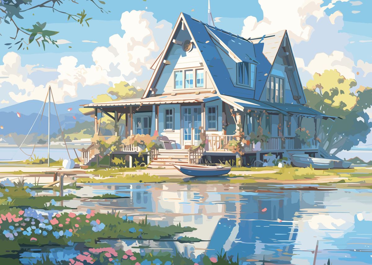 'Anime Lakeside House' Poster, picture, metal print, paint by ...