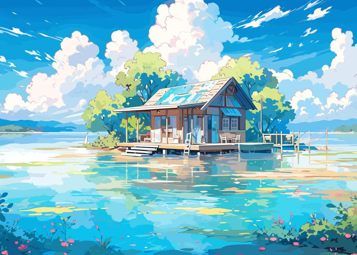 'Anime Lake Fishing House' Poster, picture, metal print, paint by ...