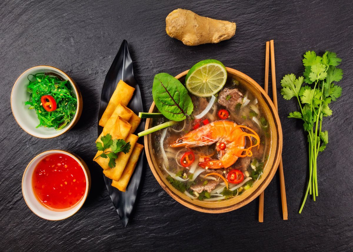 'soup with spring rolls' Poster, picture, metal print, paint by ...