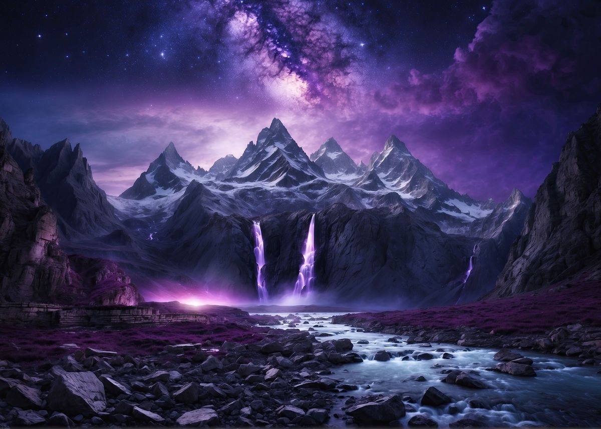 'Violet Mountain Landscape' Poster, picture, metal print, paint by LP Design and Studio | Displate